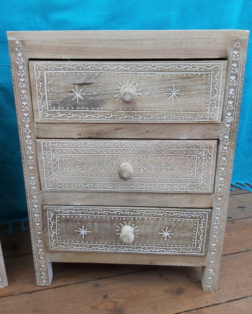 Bedside Cabinet, Mango Wood, Three Drawer, Whitewashed - Xanadu Semaphore