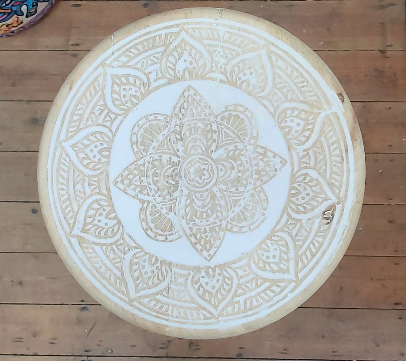 Indian Chai Table, Mango Wood, Hand Carved Mandala, Whitewashed ...